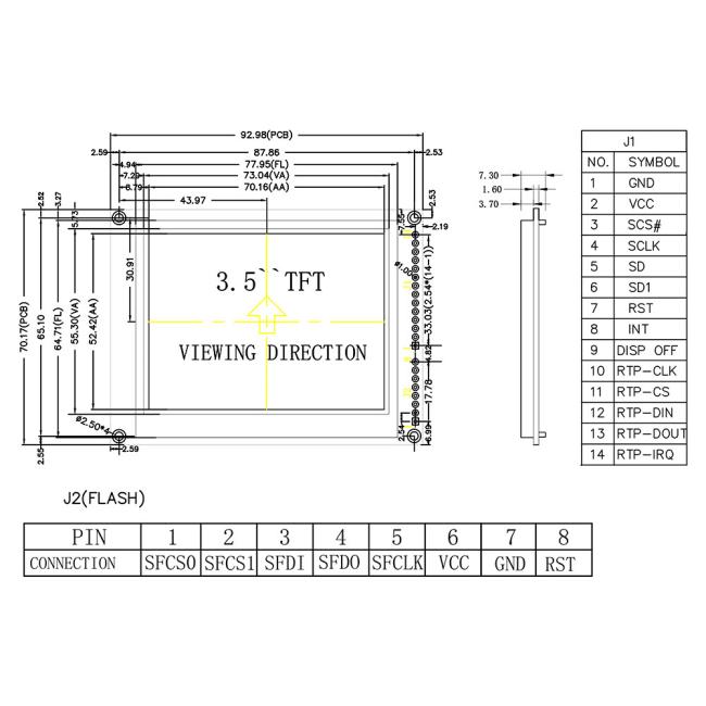 3.5 inch car LCD display technical drawing