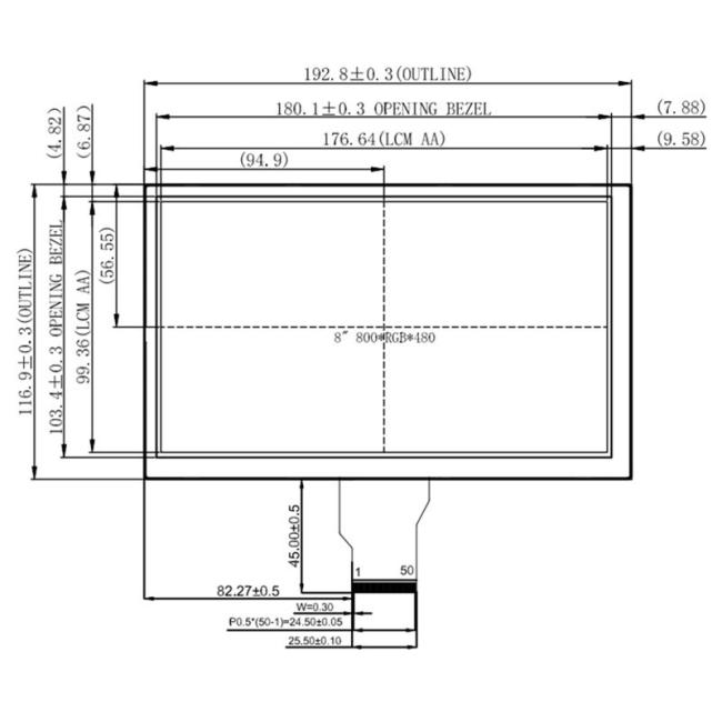8-inch car LCD display technical drawing with dimensions