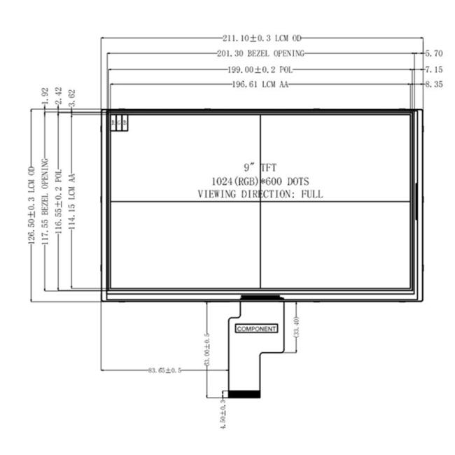 9 inch car display screen technical drawing