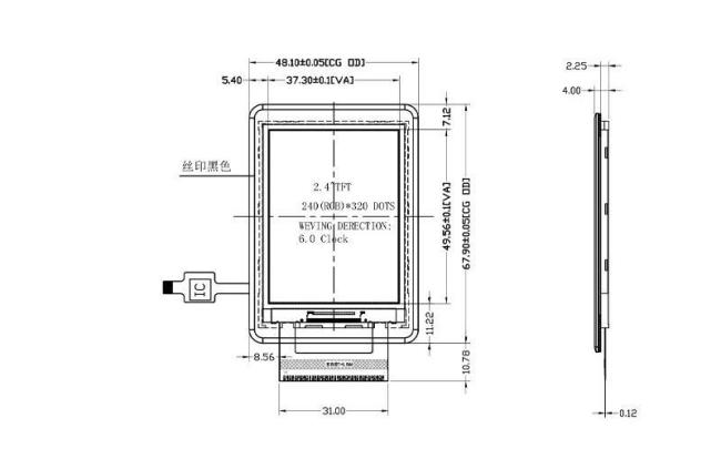 Technical drawing of 2.4 inch TFT touch screen display with dimensions