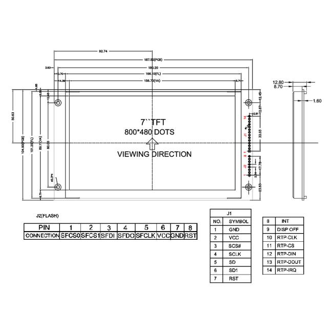 7 inch UART LCD Display technical drawing