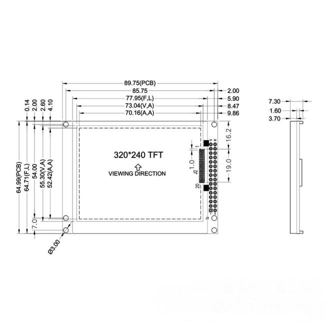 3.5 inch UART LCD Display technical drawing showing dimensions and interface details