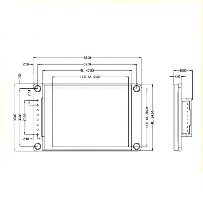 2.0 inch UART LCD module technical diagram showing dimensions and connections