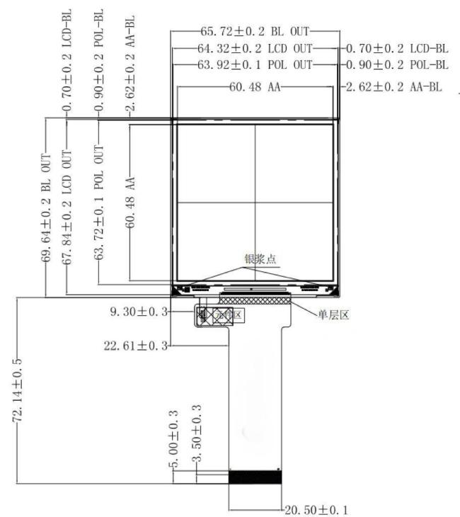 3.4 inch TFT LCD display technical drawing