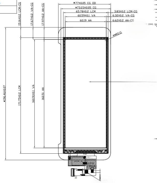 6.86 inch LCD touch screen technical drawing with dimensions and interface details
