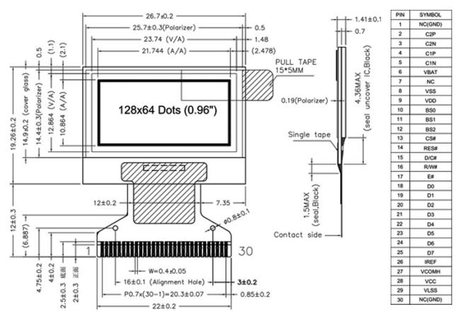 0.96 inch OLED display module technical drawing