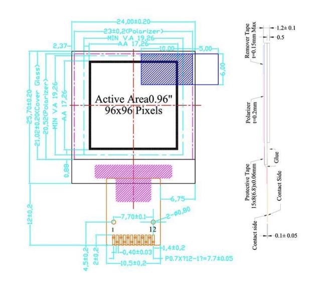 Technical drawing of 0.96 inch OLED display module