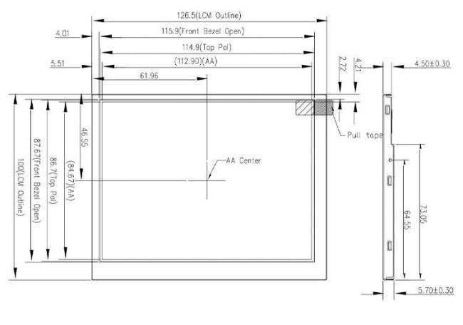 5.6 inch car LCD display technical drawing