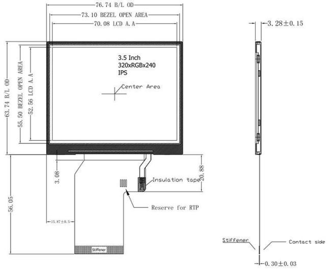 3.5 inch car display screen technical drawing side view