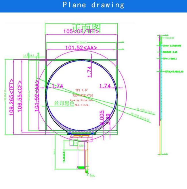 4-inch round LCD display technical diagram showing dimensions and interface points