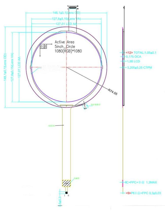 5 inch round LCD display technical drawing
