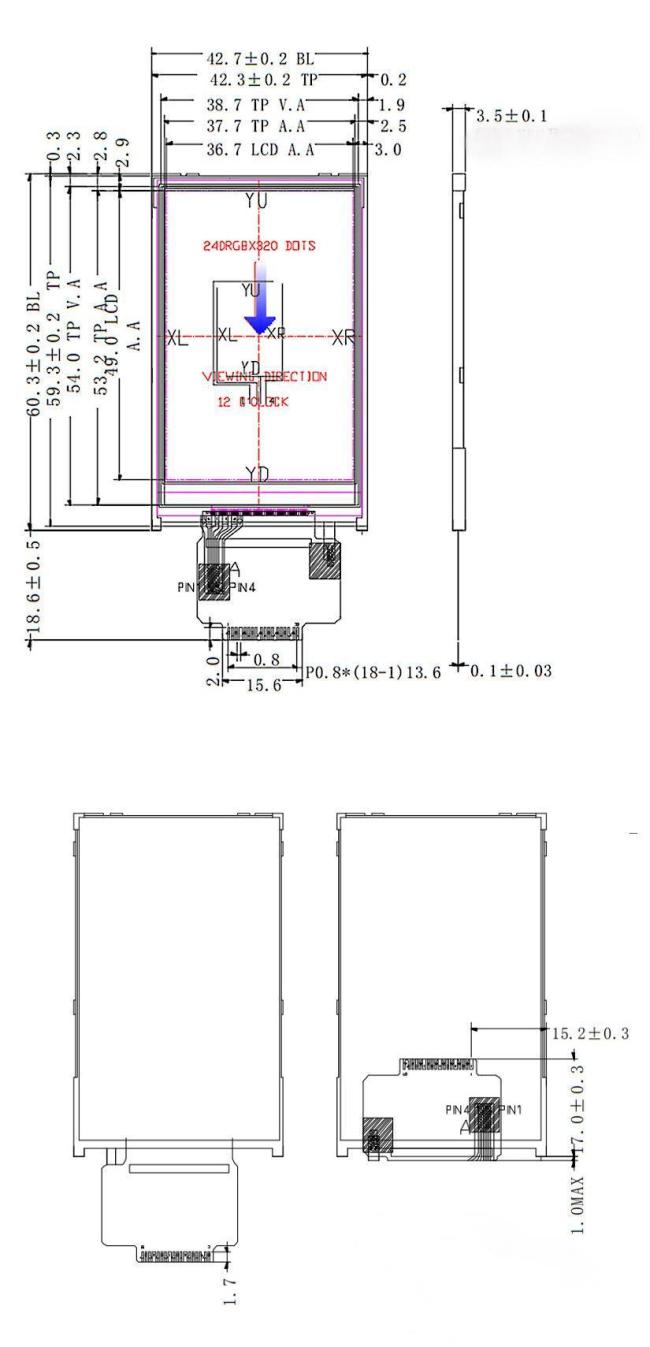 2.4 inch LCD touch screen technical diagram and dimensions