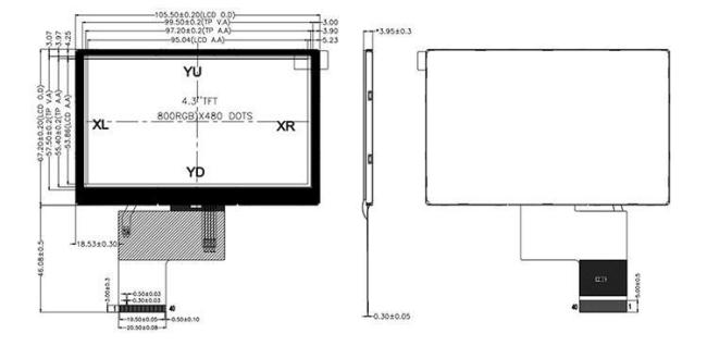 4.3 inch LCD touch screen technical drawing with dimensions