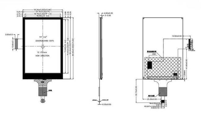 3.5 inch LCD touch screen technical drawing