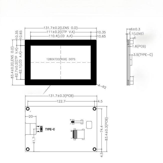 5 inch UART LCD display technical drawing