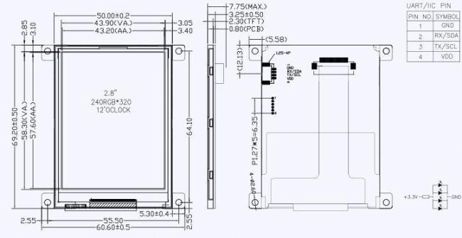 2.8 inch UART LCD display technical diagram showing dimensions and connections
