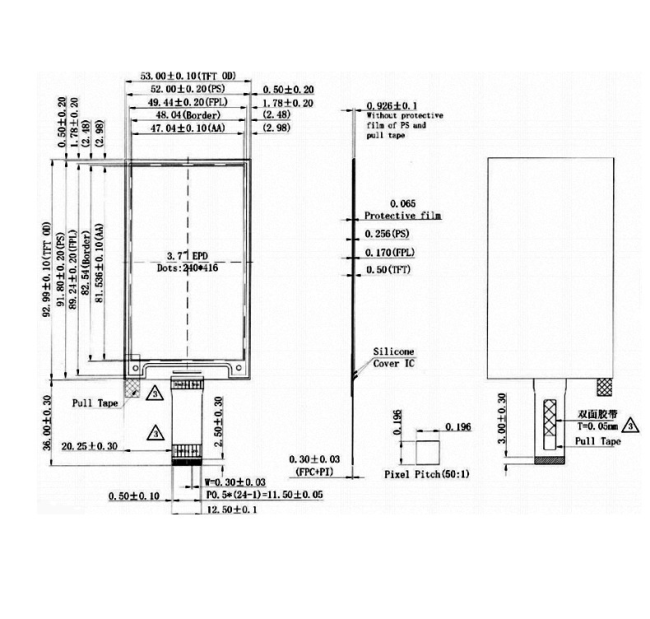 3.7 inch Electronic Paper Display technical drawing and dimensions