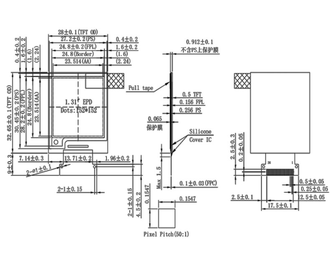 1.31 inch E Paper Display technical diagram showing dimensions and interface points