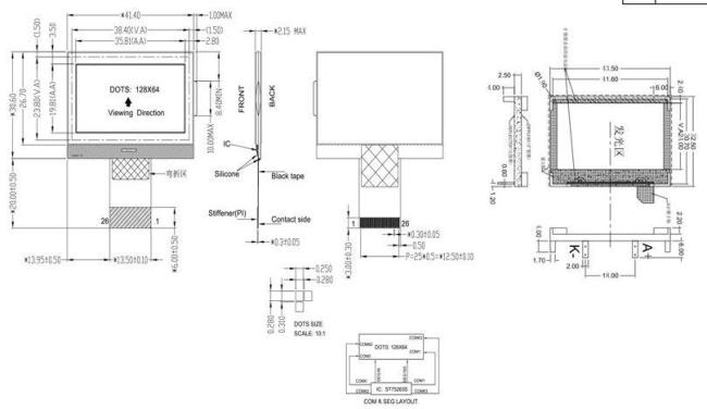 Technical diagram of 200 cd/m² monochrome LCD display showing dimensions and component layout
