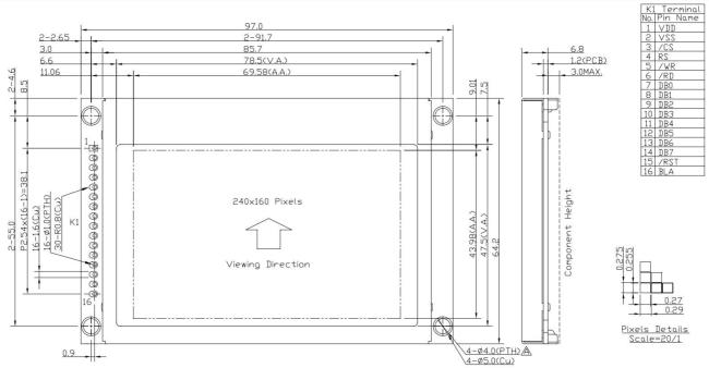 2.5 inch Monochrome LCD Display technical drawing showing dimensions and interface details