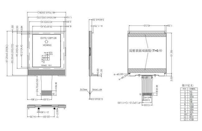 Technical drawing of 128x128 monochrome LCD display showing dimensions and interface details