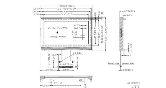 Technical drawing of 300 Cd/M2 Monochrome LCD Display showing dimensions and interface details