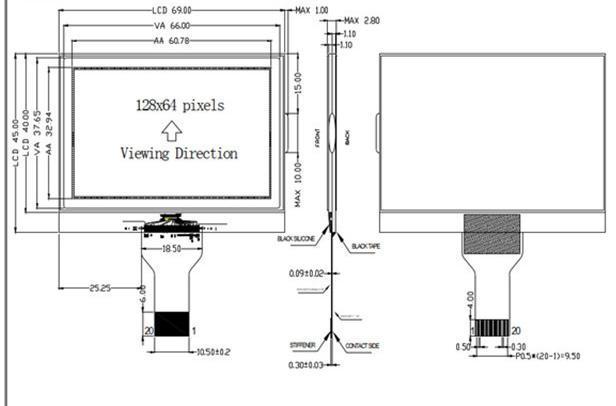 Technical diagram of 128×64 monochrome LCD display showing dimensions and connection points