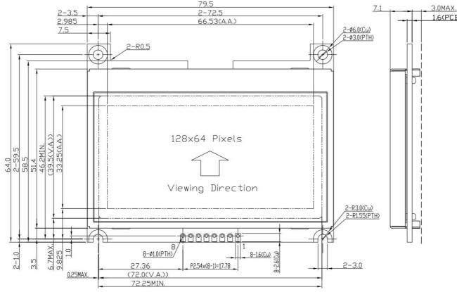 Technical drawing of Monochrome LCD Display showing dimensions and interface details