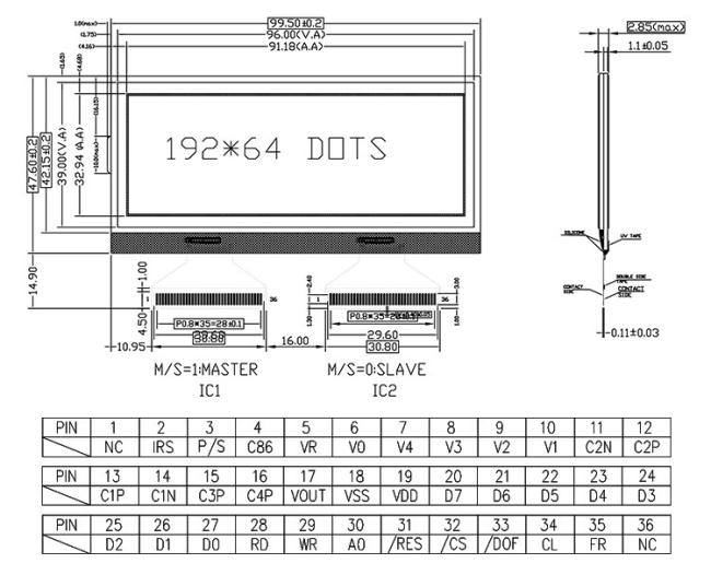 3.5 inch COG LCD Display technical drawing showing dimensions and pin configuration