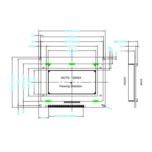 3 inch COG LCD Display technical diagram showing dimensions and pin configuration