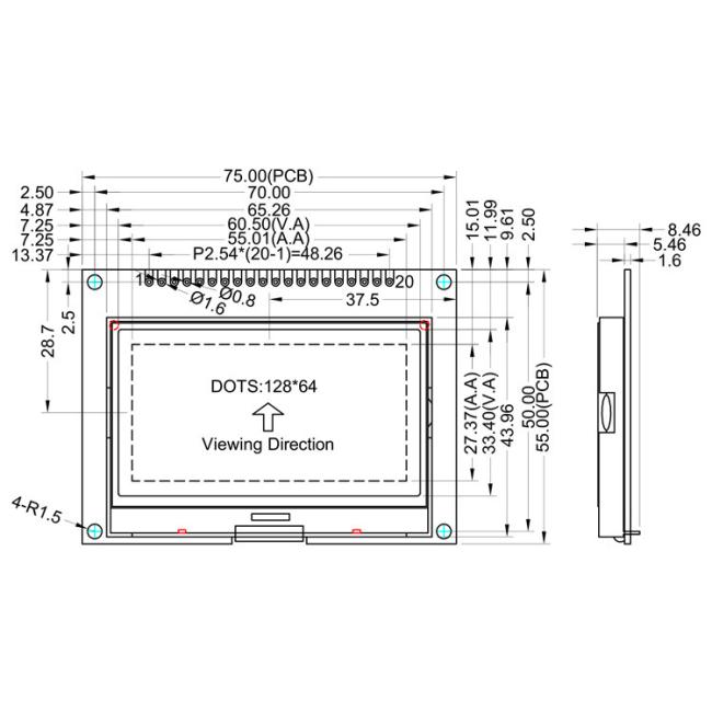 2.8 inch COG LCD Display technical drawing