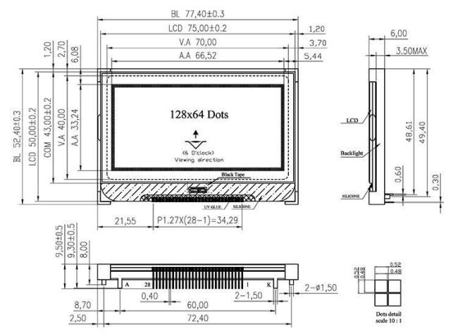 3.2 inch STN LCD Display technical diagram showing dimensions and pin configuration