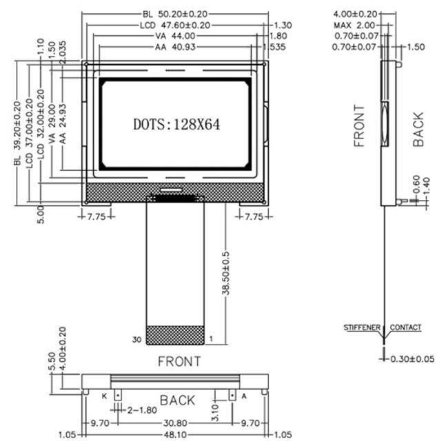Technical drawing of 2 inch STN LCD Display showing dimensions and connector details