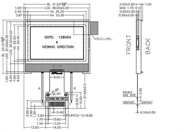 1.7 inch STN LCD Display technical drawing showing dimensions and pin configuration