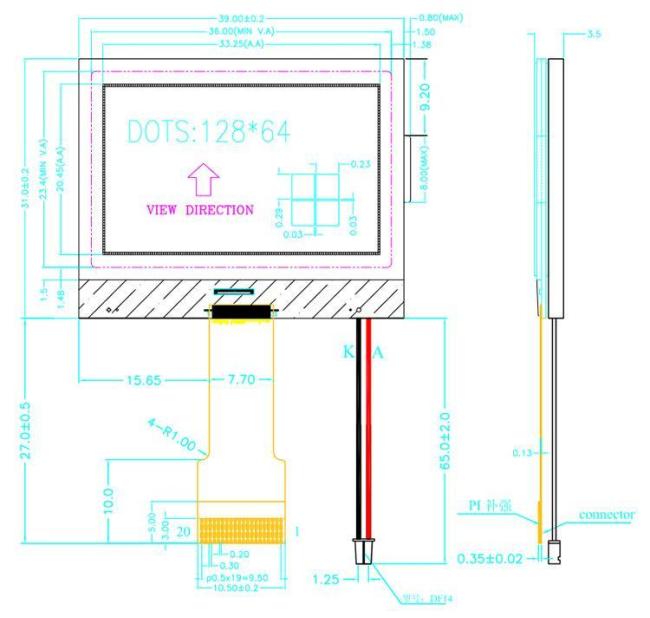 2.4 inch STN LCD Display technical drawing showing dimensions and pin configuration