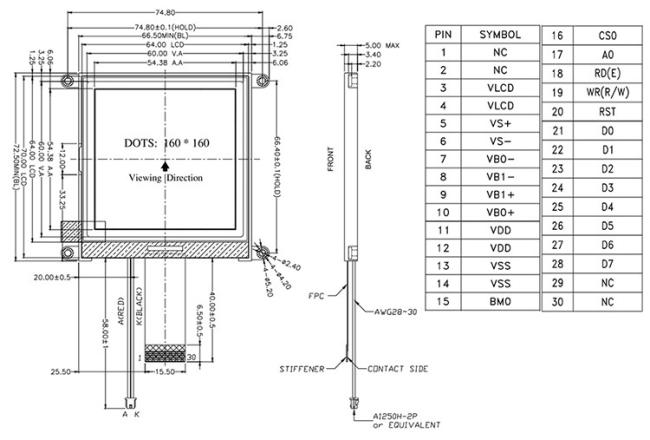 3.2 inch STN LCD Display technical drawing
