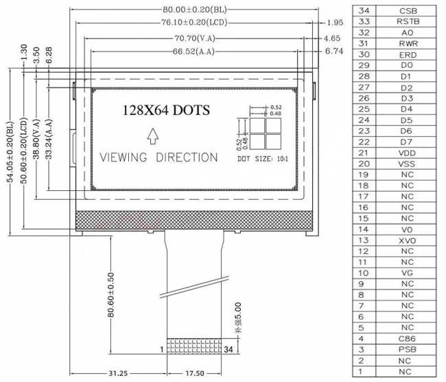 3.2 inch STN LCD Display technical diagram showing dimensions and pin configuration