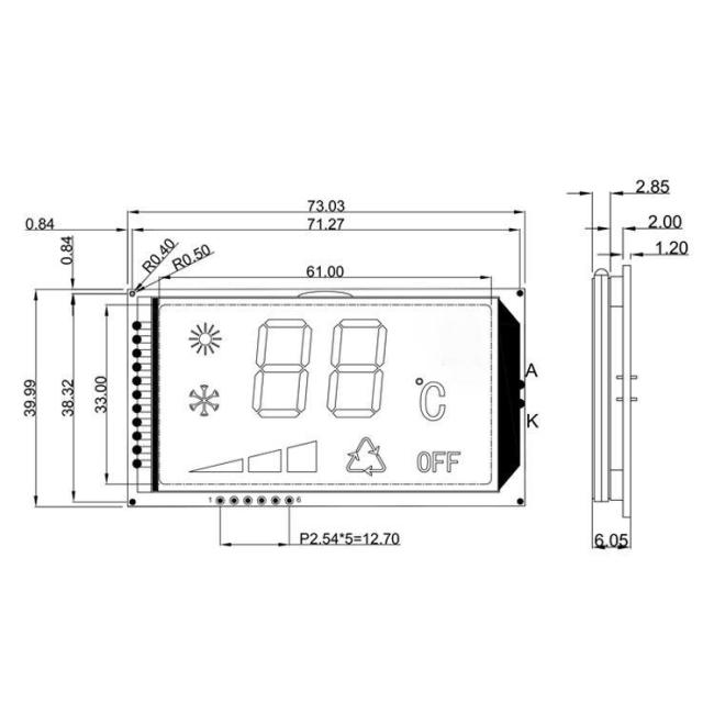 TN Mini LCD Display technical drawing showing dimensions and interface points