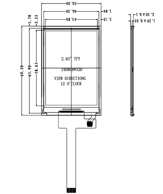 2.8 Inch LCD Display Module technical diagram showing dimensions and pin configuration