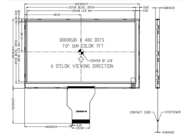 7-inch LCD display module technical diagram showing dimensions and interface details