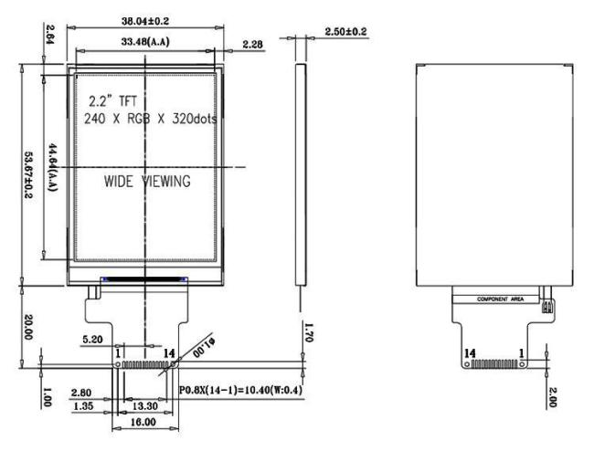 2.2 inch TN LCD Display technical drawing with dimensions