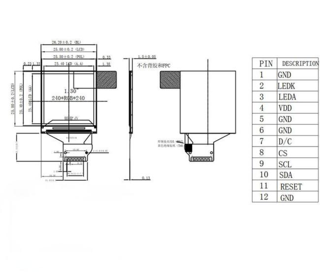 1.3 inch IPS LCD display technical diagram showing dimensions and interface points