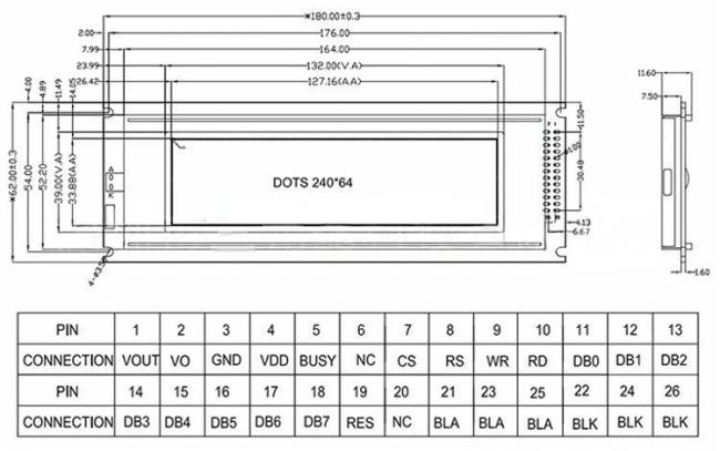 5.4 inch STN display technical diagram showing dimensions and interface points