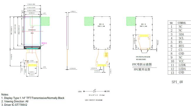 1.14 inch IPS LCD display technical diagram showing dimensions and interface details