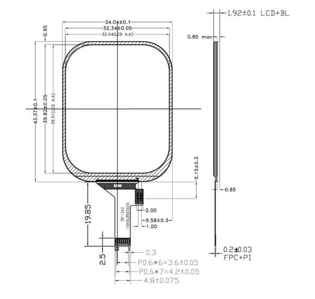 2.01 inch round LCD display technical drawing showing dimensions and interface details