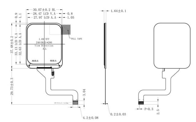 1.69 inch round LCD display technical drawing