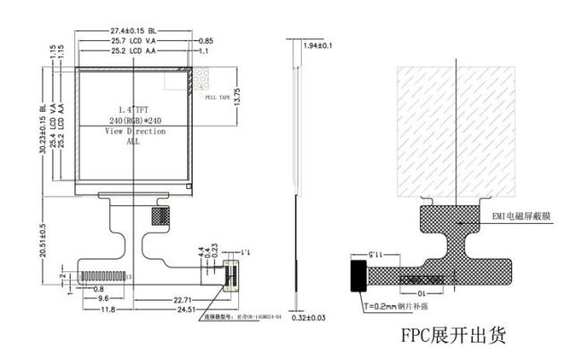 1.4 inch IPS LCD Display technical drawing