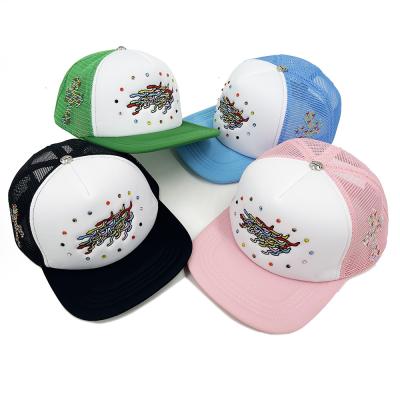 China Rhinestone Diamond Sublimation Foam Trucker Hats All Side Embroidery Side With Metal Button Flat 5 Panels for sale