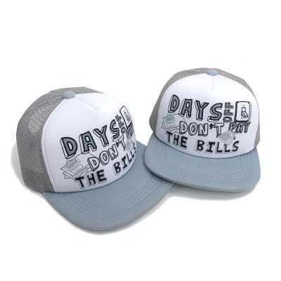 China Foam Mesh 5 Panel Trucker Hat Structured Outdoor Unisex Flat Brim Snapback for sale