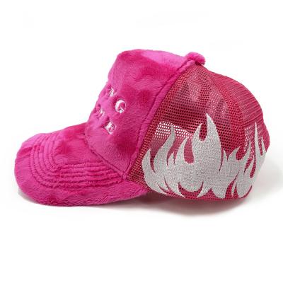 China Crown Fluffy Velvet Custom Embroidery Trucker Hats Flame Fire Piping Personalize Fuzzy Underbrim Color Flannel for sale